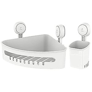 LEVERLOC Corner Shower Caddy Suction Cup & Toothbrush Holder NO-Drilling Removable Bathroom Shower Shelf Heavy Duty Max Hold 22lbs Caddy Organizer Waterproof & Oilproof for Bathroom & Kitchen - White