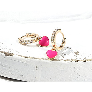 14K Gold Plated Pink Heart Dangle Drop Earrings for Women CZ Huggie Hoops Charm Earrings Dangling Hot Pink Enamel Love Heart Earrings Dainty Cute Valentines Day trendy Jewelry