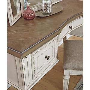 Signature Design by Ashley Realyn Traditional Cottage 3 Drawer Vanity Set with Dovetail Construction, Mirror & Stool Included, Chipped White, Distressed Brown