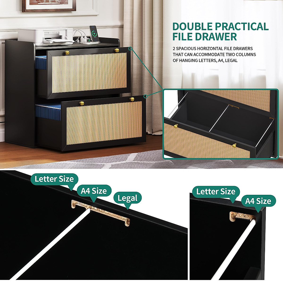 YITAHOME Rattan File Cabinet with Charging Station, Large Lateral Filing Cabinet for Home Office, Black