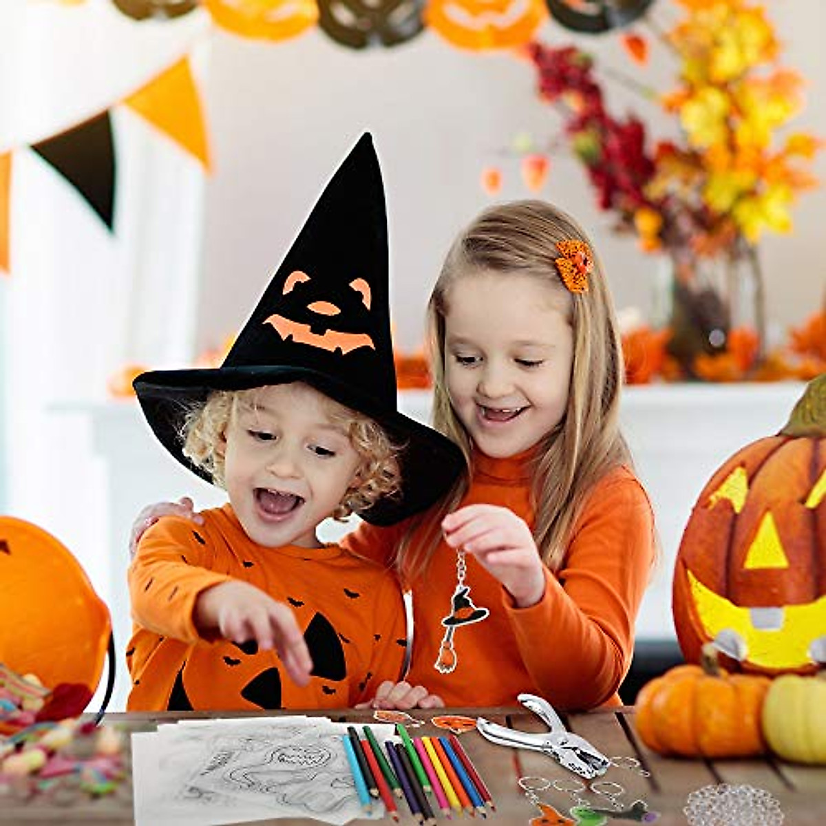 Auihiay 145 Pieces Halloween Heat Shrink Plastic Sheet Kit Include 8 Shrink Paper with Halloween Patterns, 4 Blank Shrink Film Papers, Hole Punch, Keychains, Pencils for Kids DIY Creative Craft