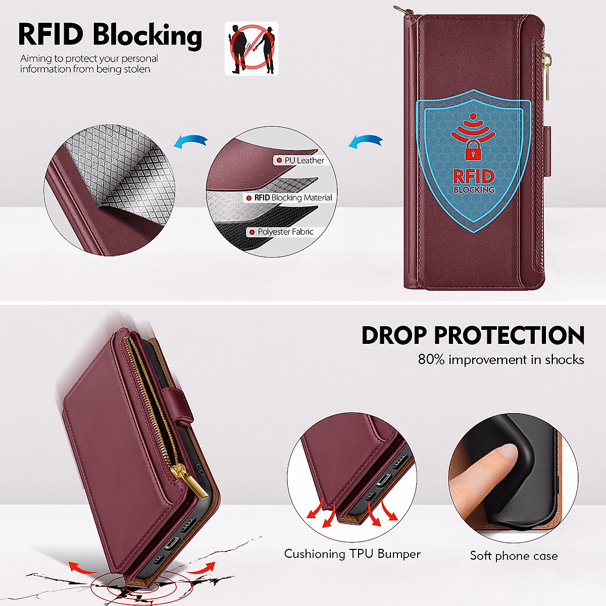 Antsturdy Compatible with iPhone 15 Pro Max Wallet Case,RFID Blocking PU Leather Phone Case Women Men Kickstand flip Cover Wrist Strap Zipper Credit Card Holder Slots for Apple 15 ProMax,Wine Red