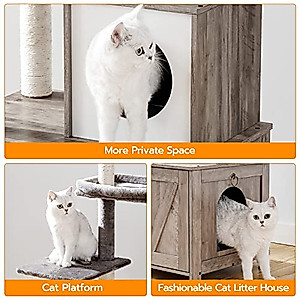HOOBRO Cat Tree Tower with Litter Box Enclosure for Indoor Cats, Wooden Cat Condo with Scratching Posts, Cat Litter Box Furniture Hidden, All-in-One Cat Toy with Cat House, Greige BG15MZ03