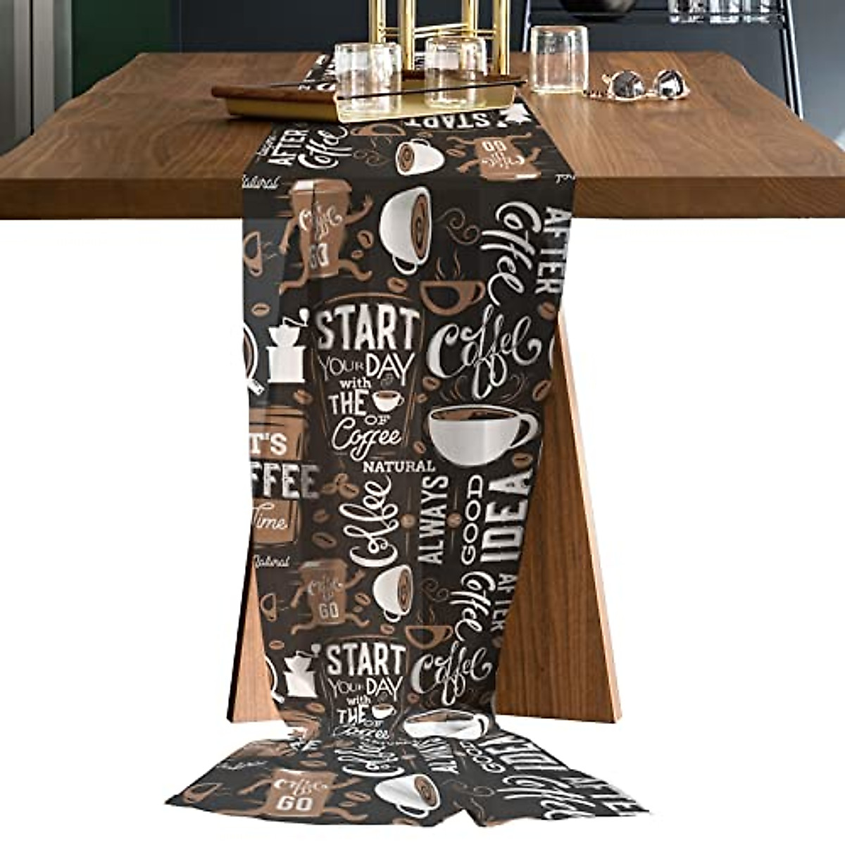 Rural Coffee Chiffon Table Runner 120 Inches Long, Shabby Chic Esppresso Beans Cup Drinking Voile Sheer Tulle Runner for Rustic Wedding Reception Bridal Shower Decorations Birthday Party