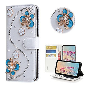STENES Bling Wallet Phone Case Compatible with Samsung Galaxy Z Fold 2 5G - Stylish - 3D Handmade S-Link Flowers Butterfly Design Leather Girls Women Cover with Neck Strap Lanyard [3 Pack] - Blue