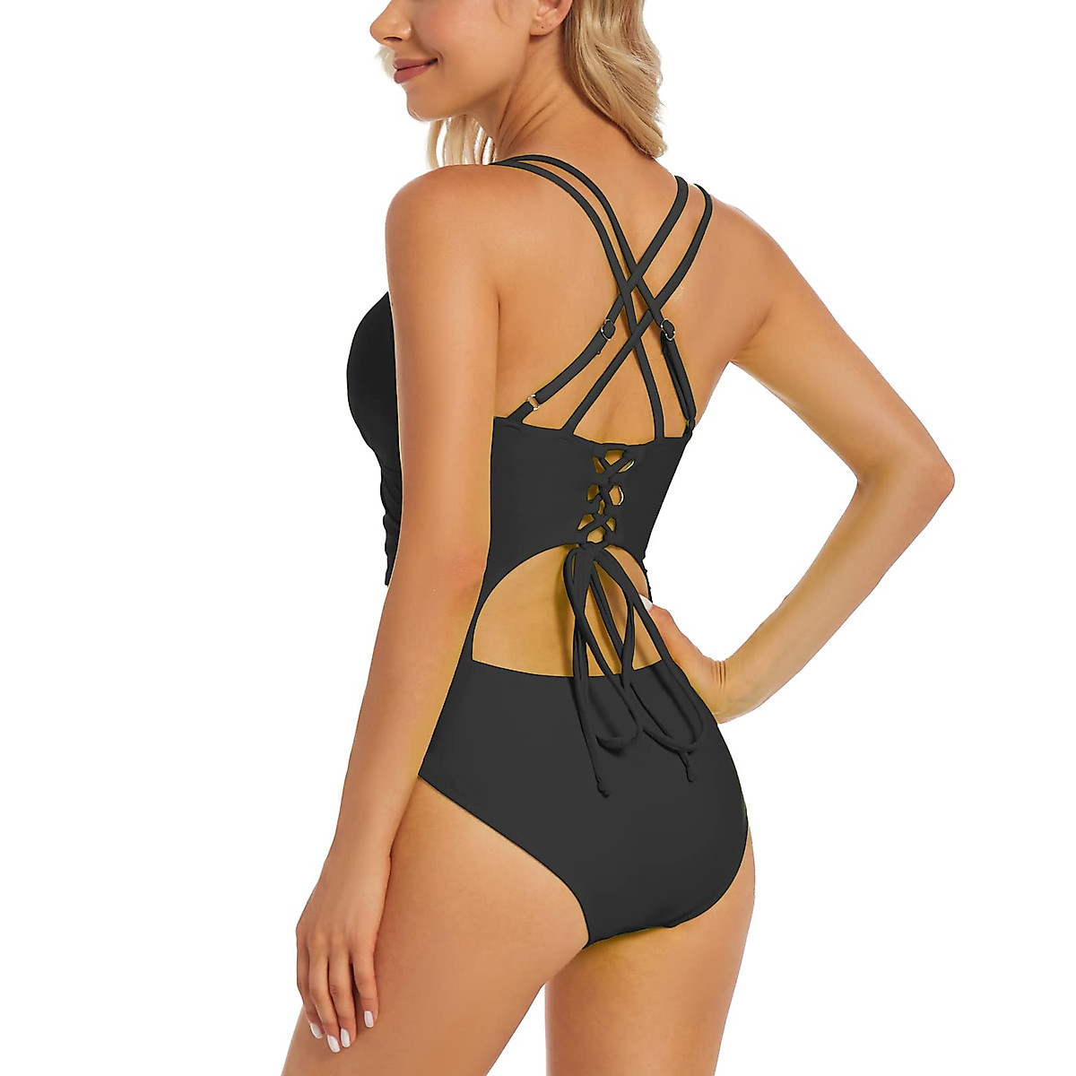 Upgraded One Piece Swimsuit Women - Tummy Control Bathing Suits, Unique Design Sexy Criss Cross Back, Ruched Swimwear