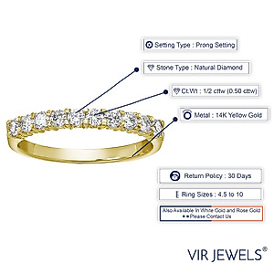 Vir Jewels 1/2 carat (ctw) Diamond Wedding Anniversary Band for Women, Round Diamond Engagement Ring 14K Yellow Gold 10 Stones Prong Set 0.50 cttw I1-I2, Size 8