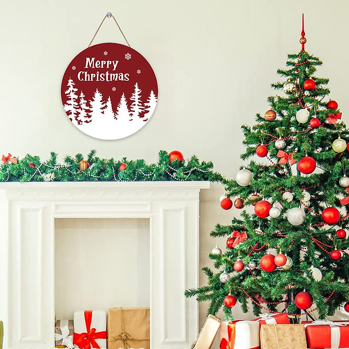 Merry Christmas Wooden Hanging Sign Plaque Christmas Forest Xmas Tree Decor for Holiday Farmhouse Front Door Porch Wall Window Outside Decorations 12x12 Inch