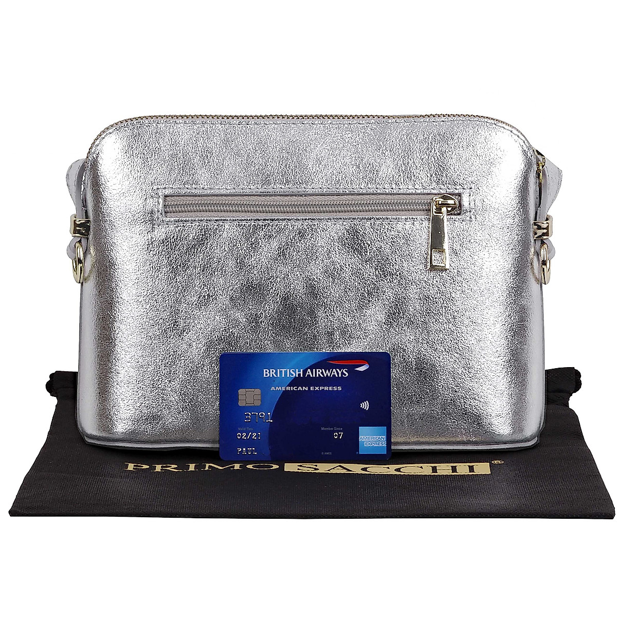 PRIMO SACCHI Ladies Italian Textured Metallic Silver Leather Small Triangular Shoulder Crossbody Bag