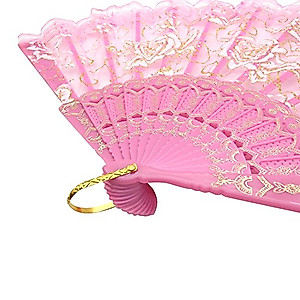 TRENDBOX Flower Rose Lace Handheld Chinese Folding Fan for Dancing Ball Parties Ladies - Rose Pink