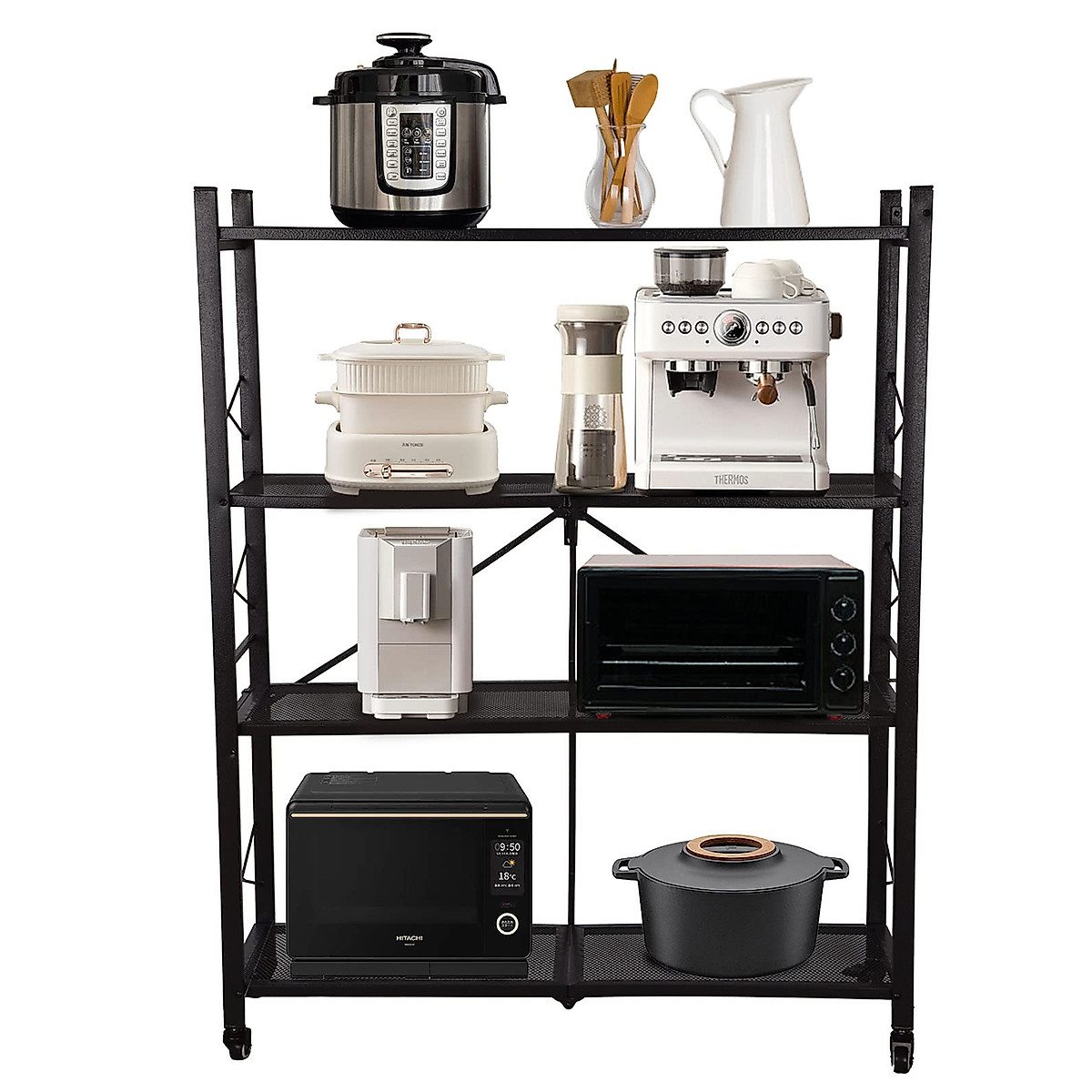 Foldable Shelves 4 Tier Heavy Duty Metal Storage Shelves with Wheels - No Assembly Collapsible Shelving Unit for Kitchen Garage Hold up to 1000 lbs