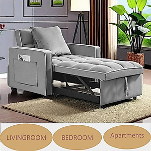 HomJoones Modern Convertible Futon Folding Sofa Bed, 3-in-1 Multi-Functional Sleeper Velvet Chair Bed, Adjustable Backrest into a Sofa Recliner for Living Room Bedroom Apartment Small Space (Grey)