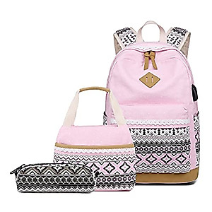 Leaper Geometric Laptop Backpack School Bag Lunch Bag Pencil Bag 3 in 1 Set Pink