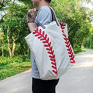 YIQIGO Baseball Bag Handbag for Woman Shopping Bag Travel Bag Canvas Casual Bag with Softball Varsity Gym Shoulder Handbag (Off White)