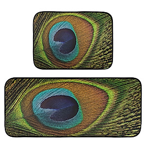 ALAZA Beautiful Peacock Feather 2 Piece Kitchen Rug Floor Mat Set Runner Rugs Non-Slip for Kitchen Laundry Office 20" x 28" + 20" x 48"