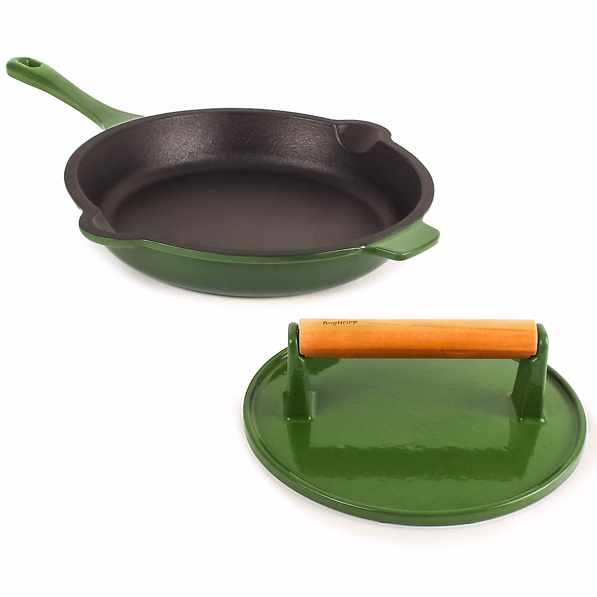 Berghoff 2Pc Neo Enameled Cast Iron Cookware Set, Fry Pan 10 Inches, Steak Press, Oven Safe Up To 400°F, Green