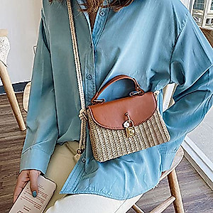 Meyaus Women Mini Lock Decoration Straw Woven Cross-body Shoulder Bag PU Leather Flap Top-handle Bag Handbag