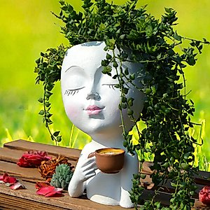 Face Vase Head Planter, Face Planter, Small Plant Pots Outdoor Planters for Indoor Plants, Succulent Flower Pots Plant Pot with Drainage, Gifts for Women Mom Sister, White Vases Coffee Table Decor