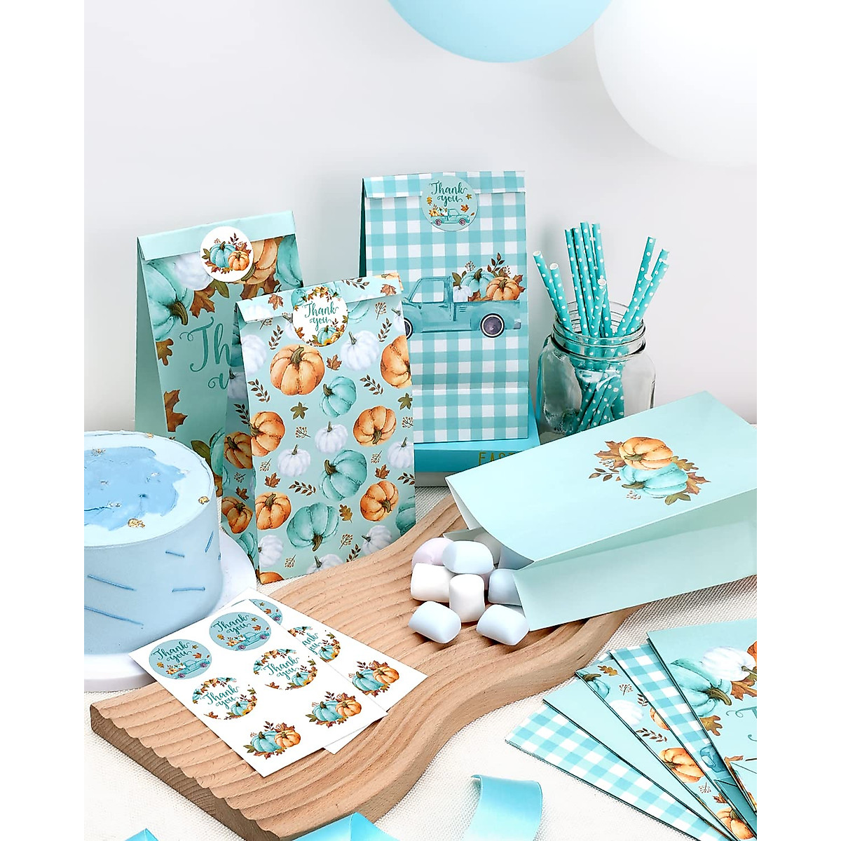 Little Pumpkin Party Favor Bags Fall Birthday Candy Bags Party Supplies Loot Bags Thanksgiving Goodie Bags with Thank You Stickers, Set of 24