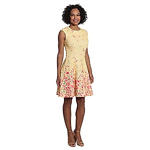 London Times Women's Floral Border Cap Sleeve Fit & Flare Dress, Yellow/Spiced Coral, 4