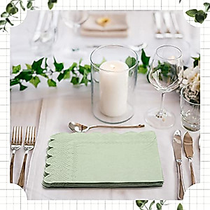 100 Pcs Scalloped Edged Cocktail Napkins Sage Green Square 3 Ply Paper Napkins Disposable Scalloped Napkins for Birthday Wedding Party, 5 x 5 Inch Folded