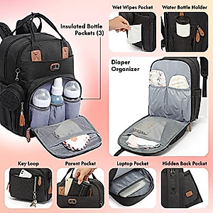 Dikaslon Diaper Bag Backpack with Portable Changing Pad, Pacifier Case and Stroller Straps, Large Unisex Baby Bags for Boys Girls, Multipurpose Travel Back Pack for Moms Dads, Black