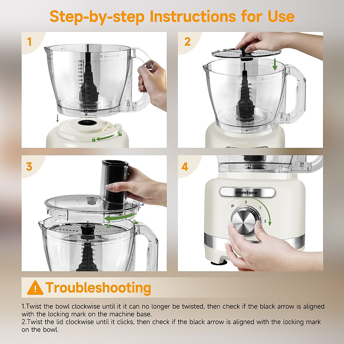 Homtone 16 Cup Food Processor, French-Fry-Cutter Food Processors, 9 Functions 7 Blades for Shredding, Slicing, Doughing, Emulsfying and Meat Vegetable Chopping for Home Use, 3 Speeds, 600W, Beige