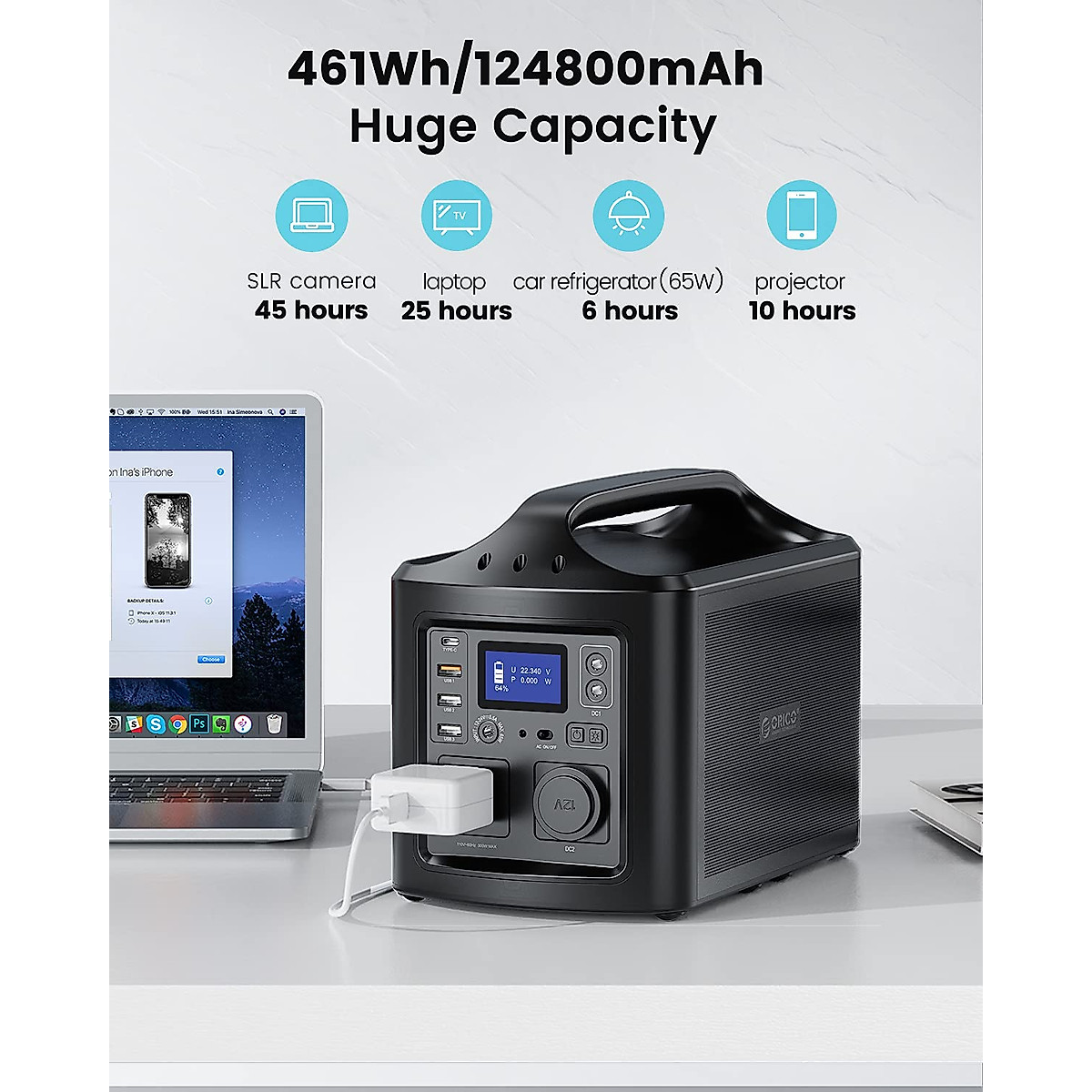 300W Portable Power Station,ORICO Aluminum 461Wh/124800mAh Solar Generator Pure Sine Wave Lithium Battery Pack with PD 60W /1AC/3USB/2DC/Car Charger Ports for Outdoors Camping Travel Emergency