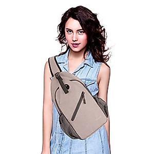 Fancosni Sling Bags for Women Men, Crossbody Sling Backpack, Chest Bag Lightweight Shoulder Bag, Multipurpose Sling Bag for Travel, Hiking, Shopping, Walking, Biking, Cycling, Earphone Hole, Beige