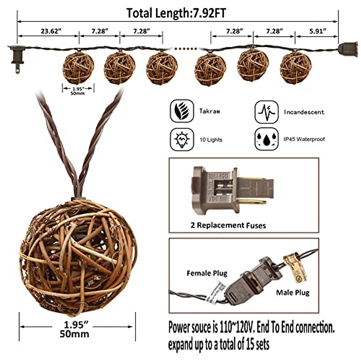 LIDORE 10 Counts Brown Rattan Balls String Light. Warm White Light Brown Cord for Patio Garden and Summer Party