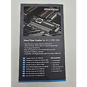 GRAUGEAR M.2 2280 SSD Heatsink, Direct-Touch Heat of Copper Heat Pipe, 20mm Built-in Cooling Fan, Aluminum Plate-Fin Design, Thermal Pads incl. Cooler for M.2 NVMe/SATA [G-M2HS08-F]
