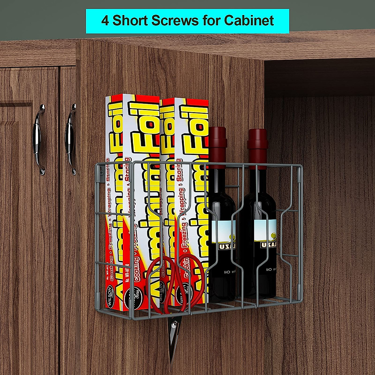 Over the Door/Wall Mount Cabinet Door Organizer Holder in Kitchen or Pantry, Cabinet door rack storage for Cutting Board, Bakeware, Cleaning Supplies, Aluminum Foil, Plastic Wrap (Silver)