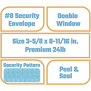 Office Deed 500#8 Double Window Check Envelopes SELF SEAL, Adhesive Tinted Security Envelopes for Quickbooks Checks, Business Checks - 3 5/8" x 8 11/16", (Not for Invoices)