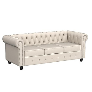 Morden Fort [2-Year-Service] Sofa Couch [No Sagging] Velvet Couch 24'' Deep Seat Comfy Couches for Living Room Sofas Firm Soft Velvet Sofa Pet-Friendly Chesterfield Modern Sofa Beige