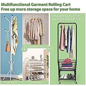 Laundry Cart with Wheels and Hanging Rack Rolling Laundry Basket with Clothes Rack Laundry Butler with Wire Storage Rack Coat Rack for Bedroom Hallway Laundry, Black-3