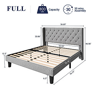 Allewie Full Size Bed Frame with Button Tufted Wingback Headboard, Modern Fabric Upholstered Platform Bed Frame with Strong Wood Slat Support, No Box Spring Needed, Easy Assembly, Light Grey