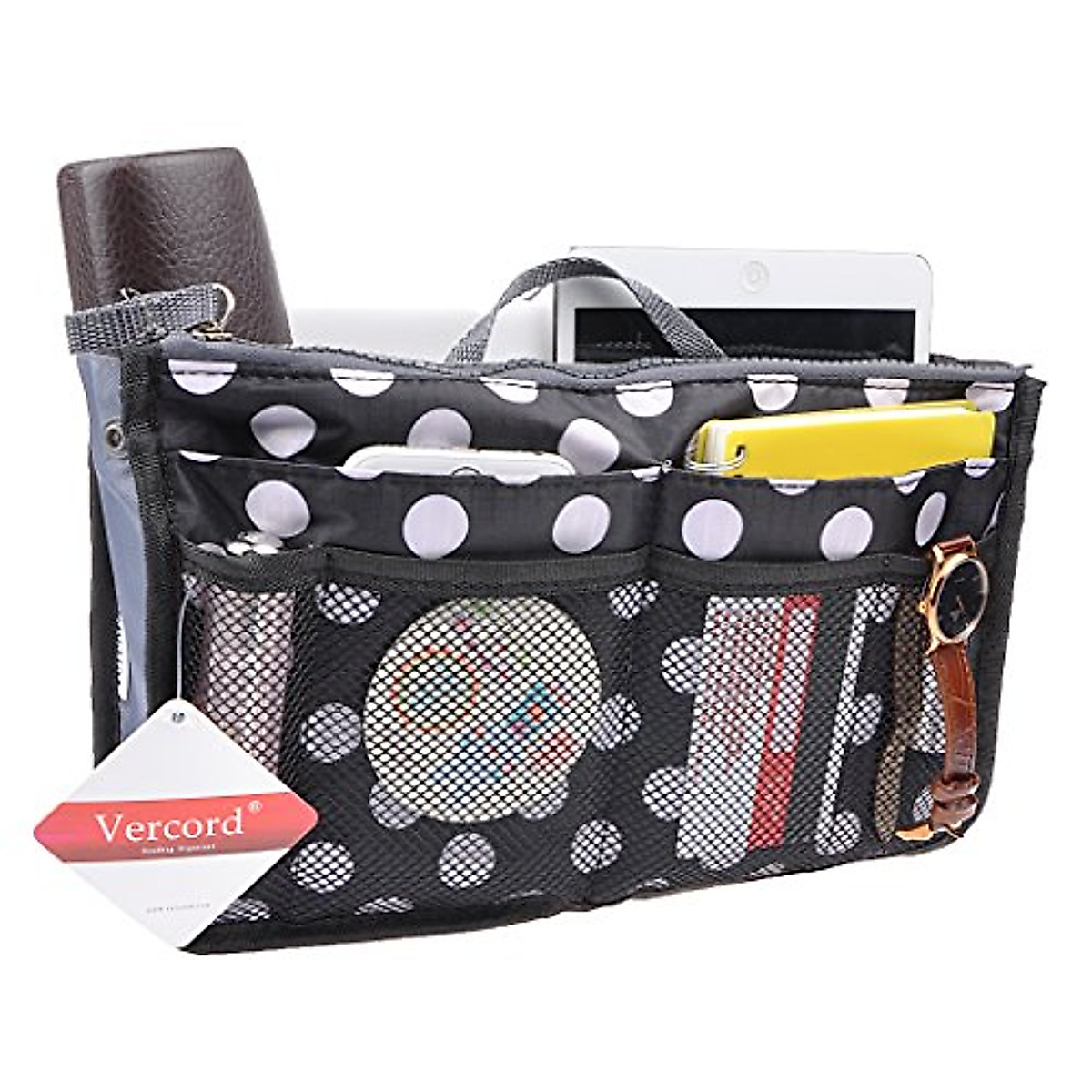 Vercord Purse Organizer Insert for Handbags Bag Organizers Inside Tote Pocketbook Women Nurse Nylon 13 Pockets Black Dot Medium