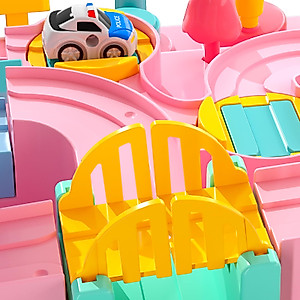 TEMI Car Toys for Girls - Race Track for Toddlers 3-7 Years Old, Puzzle Rail Car, City Magnet Toys with 3 Small Cars, Educational Games Birthday Gifts for Kids