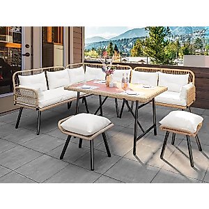 YITAHOME Outdoor Patio Wicker Conversation Furniture Set with Plastic Wood Dining Table, All-Weather Rattan Outdoor Sectional Sofa Set for Backyard Deck with Convient Ottomans, Light Brown+Beige