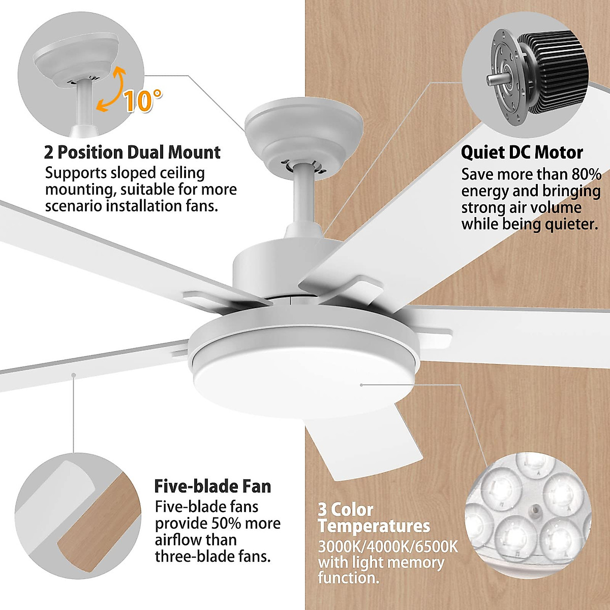 Regair 52 Inch Modern Ceiling Fan with Light and Remote Control, White, Dimmable, Adjustable Color Temperature, Timer, Reversible DC Motors, Easy Installation
