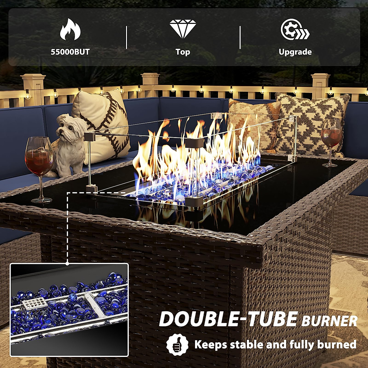 Vakollia 8 Pieces Patio Furniture Set with 44" Propane Gas Fire Pit Table, Outdoor Sectional Brown Rattan Wicker Conversation Sofa Sets with Coffee Table