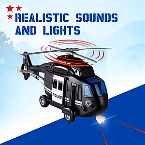 WolVolk Police Helicopter - Solid Built Push & Go Chopper Toy with Lights & Sounds - Aids Hand-Eye Coordination for Kids Boys & Girls (Black)