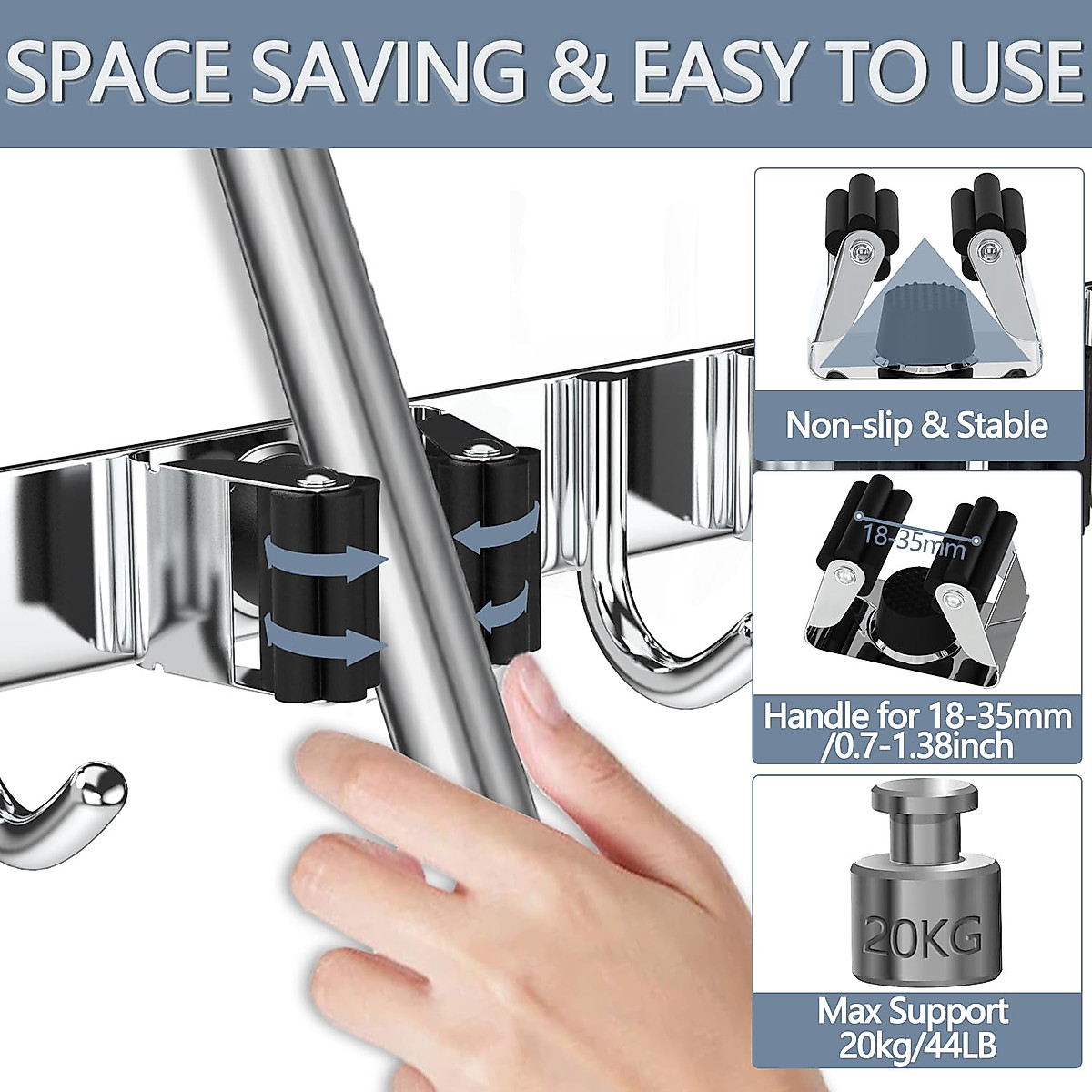 3-H 2 Pack Broom Hanger Wall Mount,Broom Holder Stainless Steel,Broom Holder Wall Mount Self Adhesive,Broom Organizer Storage Tool Racks for Home Kitchen Garden Laundry Garage(Silver)