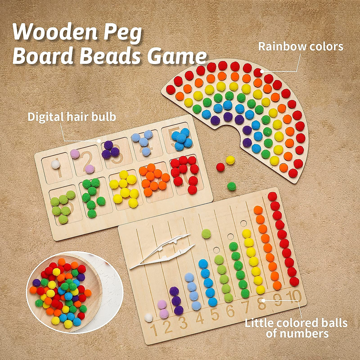 bopoobo Wooden Peg Board Beads Game Rainbow Clip Bead Puzzle of Pompon Clip Beads Early Education Puzzle Board Game Toddler Educational Montessori Games for Math Learning (Digital Board)