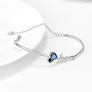 AOBOCO I Love You Jewelry Sterling Silver Love Heart Bangle Bracelet for Women, Blue Crystal from Austria, White Gold Plated, Anniversary Birthday Jewelry Gifts for Wife Girlfriend Daughter