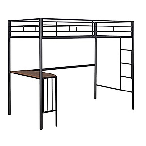 BOVZA Metal Loft Bed Twin Size with Desk, Ladder and Guardrails, for Kids Teens Adults, Black