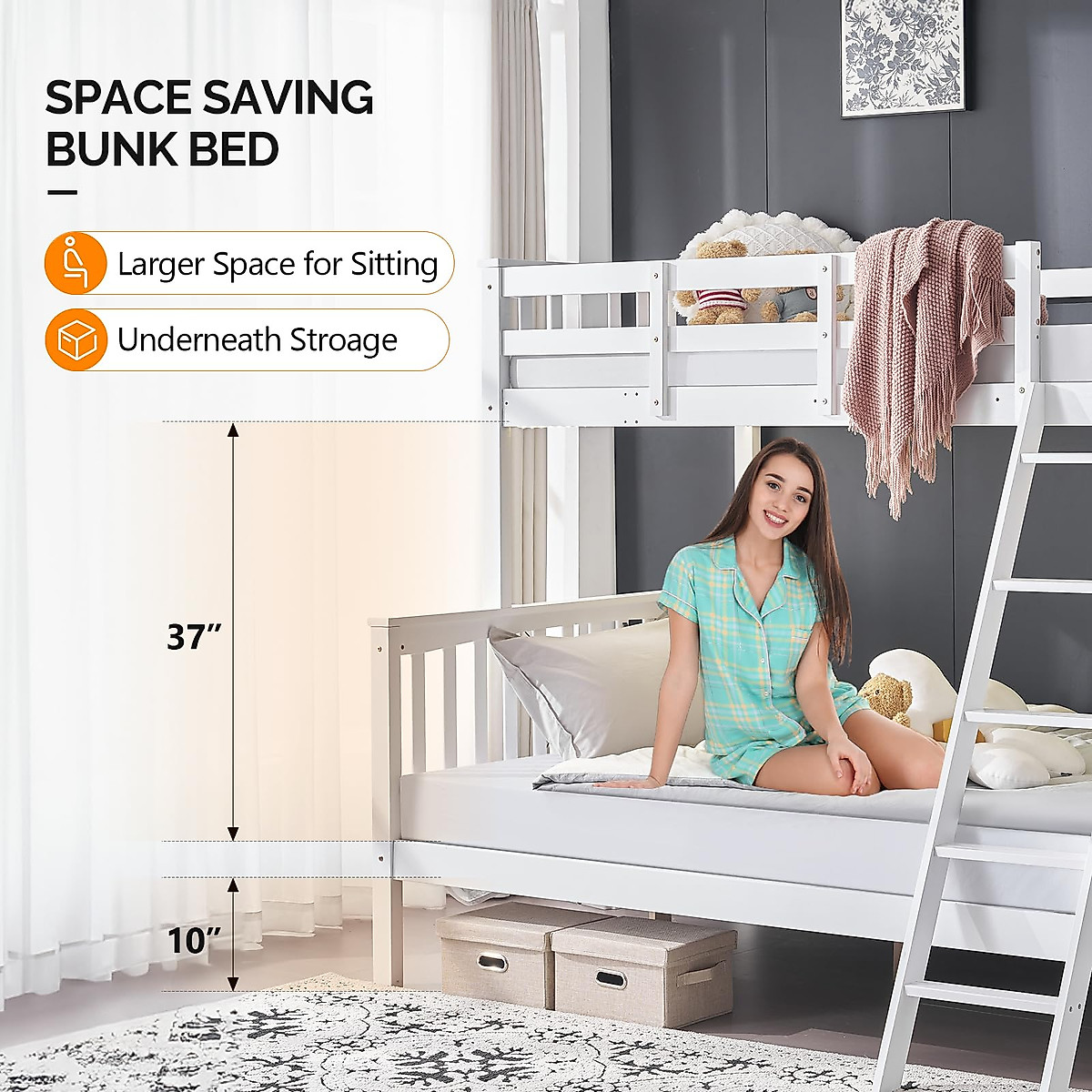 VINGLI Bunk Beds Twin Over Full Size with LED and Charging Station, Convertible Wood bunk beds with Angled Ladder, High Guardrail and Wood Slats, Space-Saving Design for Kids, Teens and Adults, White