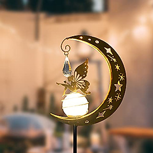 XGVO-IU Solar Outdoor Lights Garden Retro Metal Moon Fairies Crackle Glass Globe Stake Lights,Waterproof LED Lights for Garden,Lawn,Patio or Courtyard (Warm White)