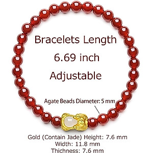 ZHOU LIU FU 24K Solid Gold Bracelets for Women, Real Pure Gold Pixiu Bracelet, Adjustable Red Agate Bead Bracelets with White or Green Nephrite Jade for Men Teen Girls