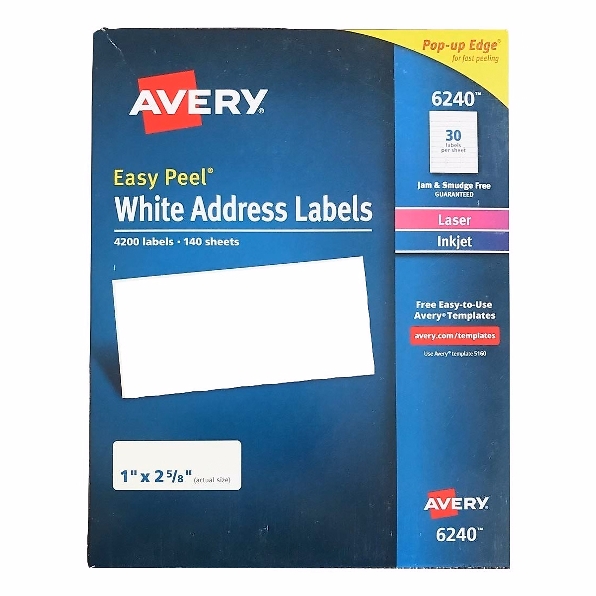 Avery Easy Peel White Address Labels for Laser Printers 6240, 1" x 2-5/8", Box of 4200